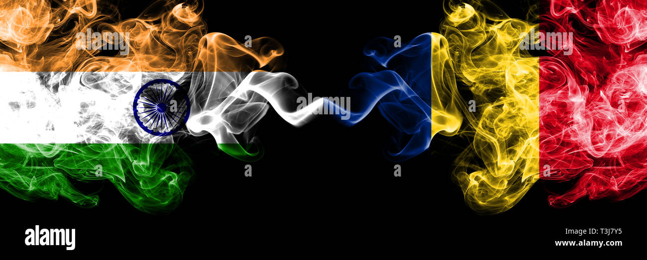 India vs Romania, Romanian smoke flags placed side by side. Thick ...