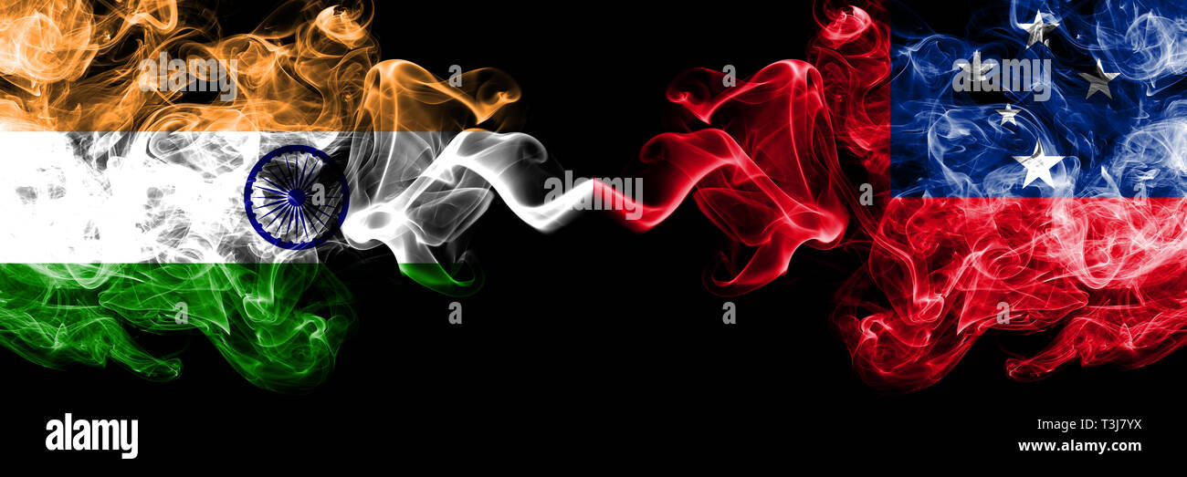 India vs Samoa, Samoan smoke flags placed side by side. Thick colored ...