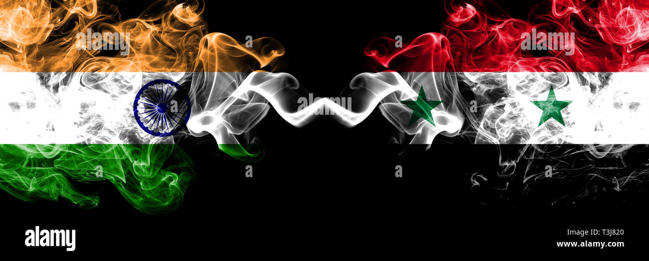 India vs Syria, Syrian smoke flags placed side by side. Thick colored ...