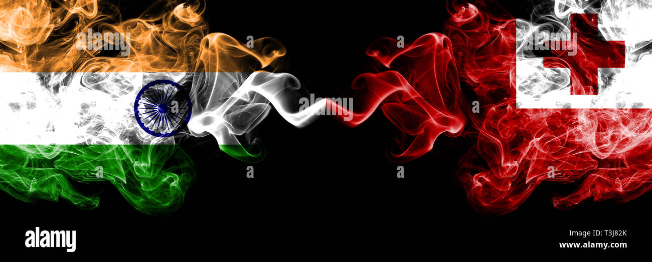 India vs Tonga, Tongan smoke flags placed side by side. Thick colored ...