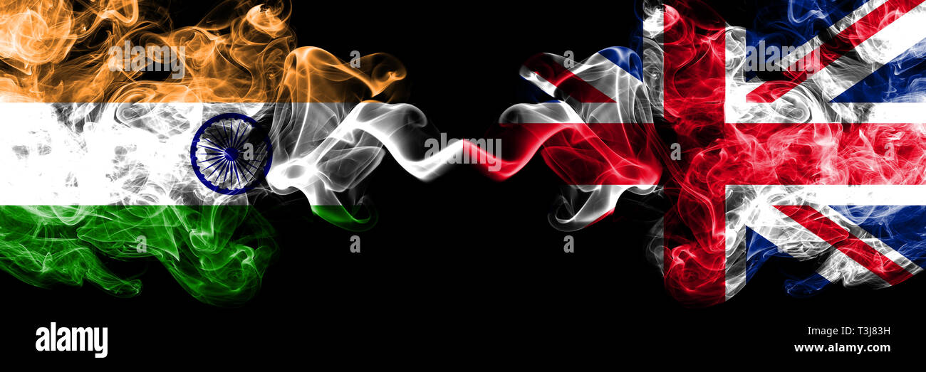 India vs United Kingdom, British smoke flags placed side by side. Thick ...