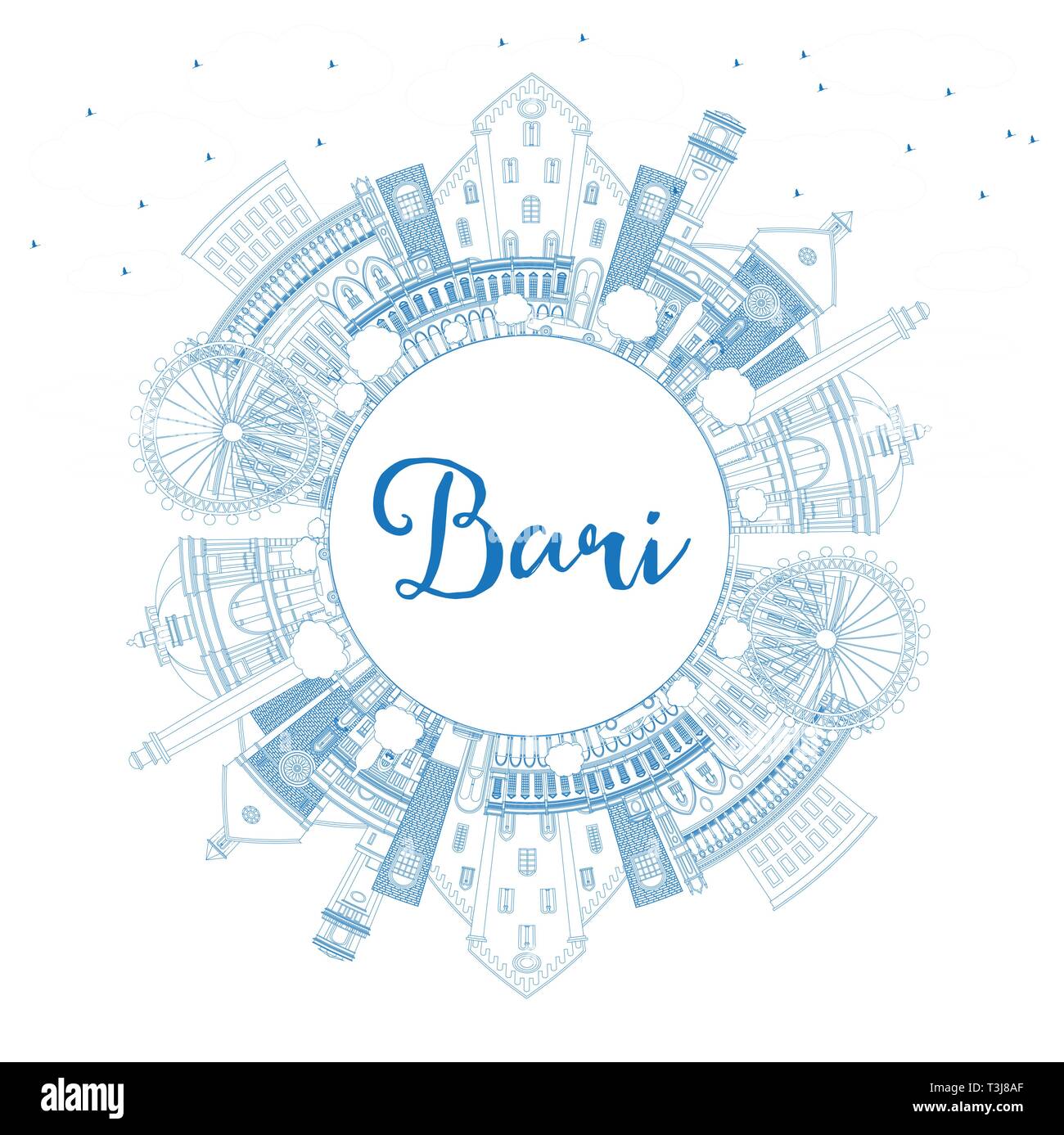 Outline Bari Italy City Skyline with Blue Buildings and Copy Space ...