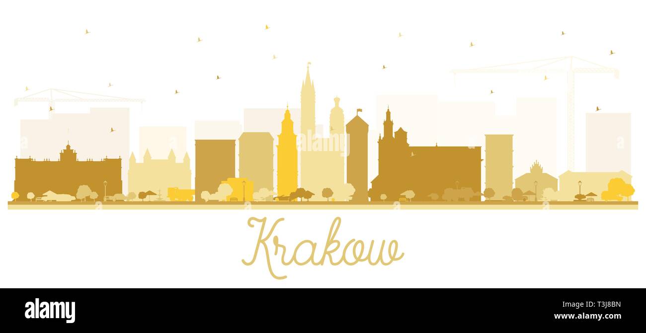 Krakow Poland City Skyline Silhouette with Golden Buildings Isolated on ...