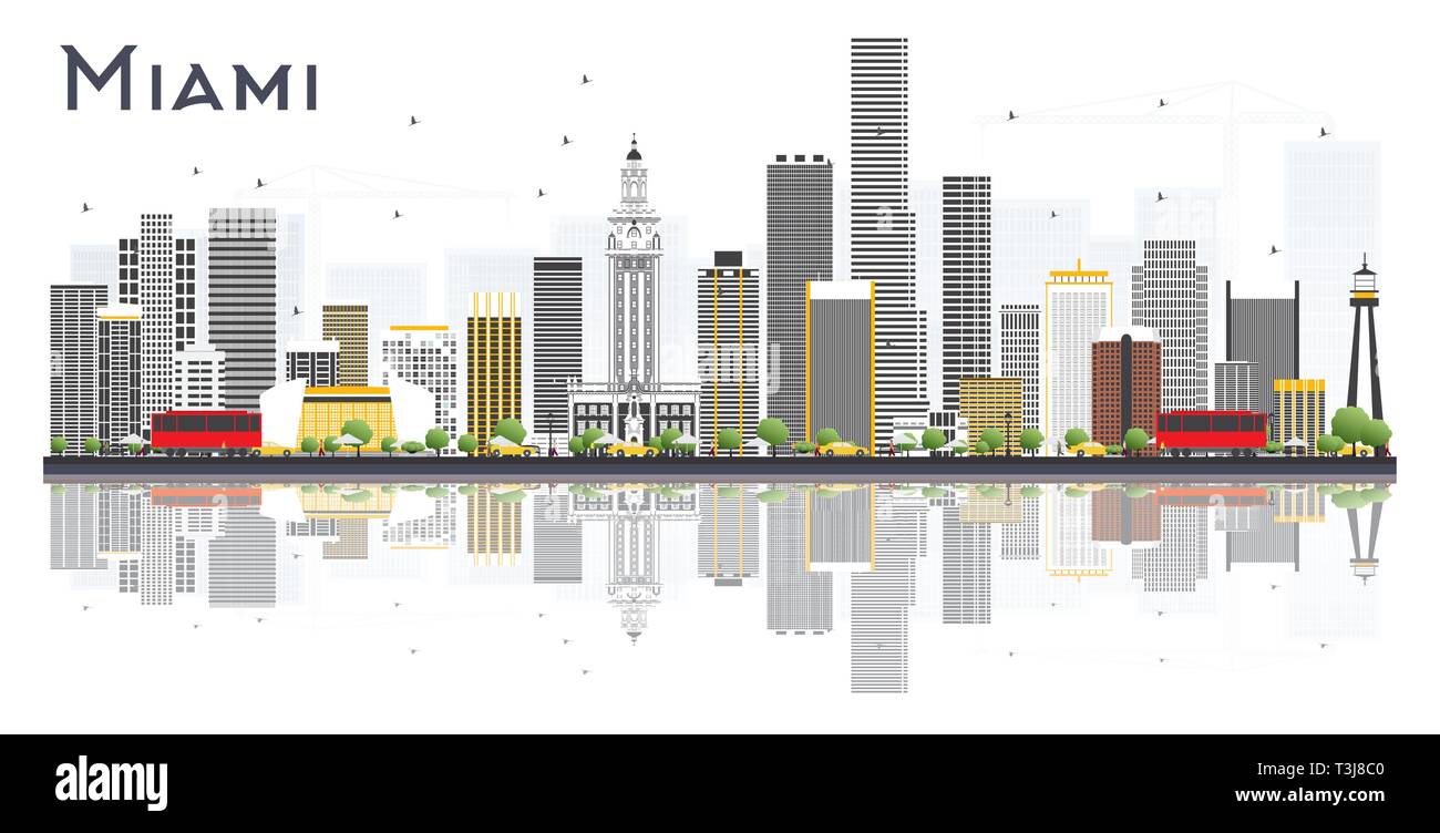 Miami USA City Skyline with Gray Buildings Isolated on White Background ...