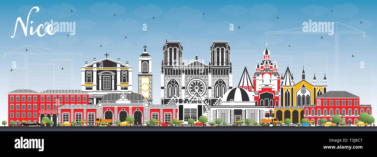 Nice France City Skyline with Color Buildings and Blue Sky. Vector ...