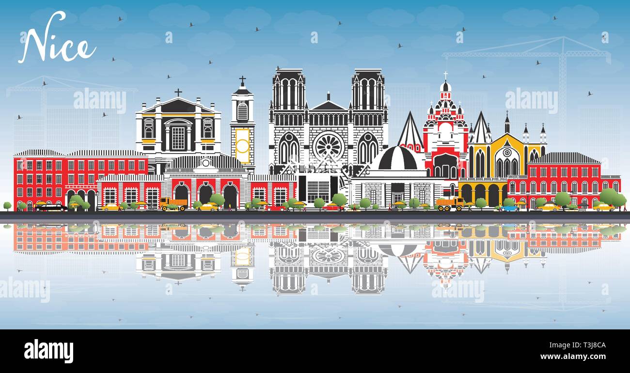 Nice France City Skyline with Color Buildings, Blue Sky and Reflections ...