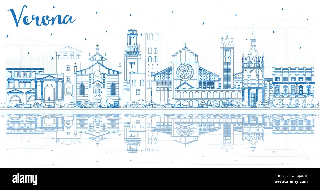 Outline Verona Italy City Skyline with Blue Buildings and Reflections ...