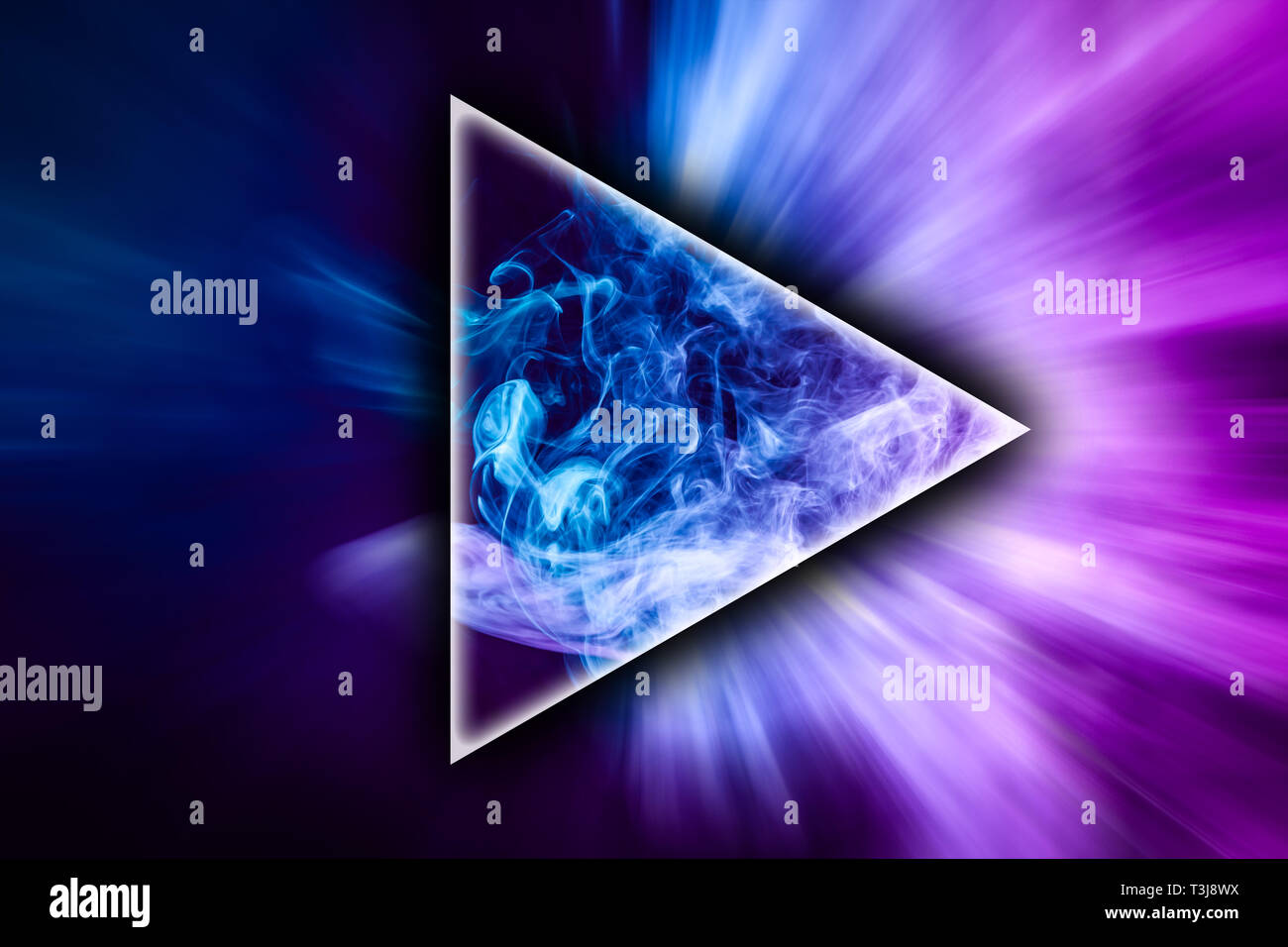 Pink and blue cloud of smoke in the shape of a triangle on black ...