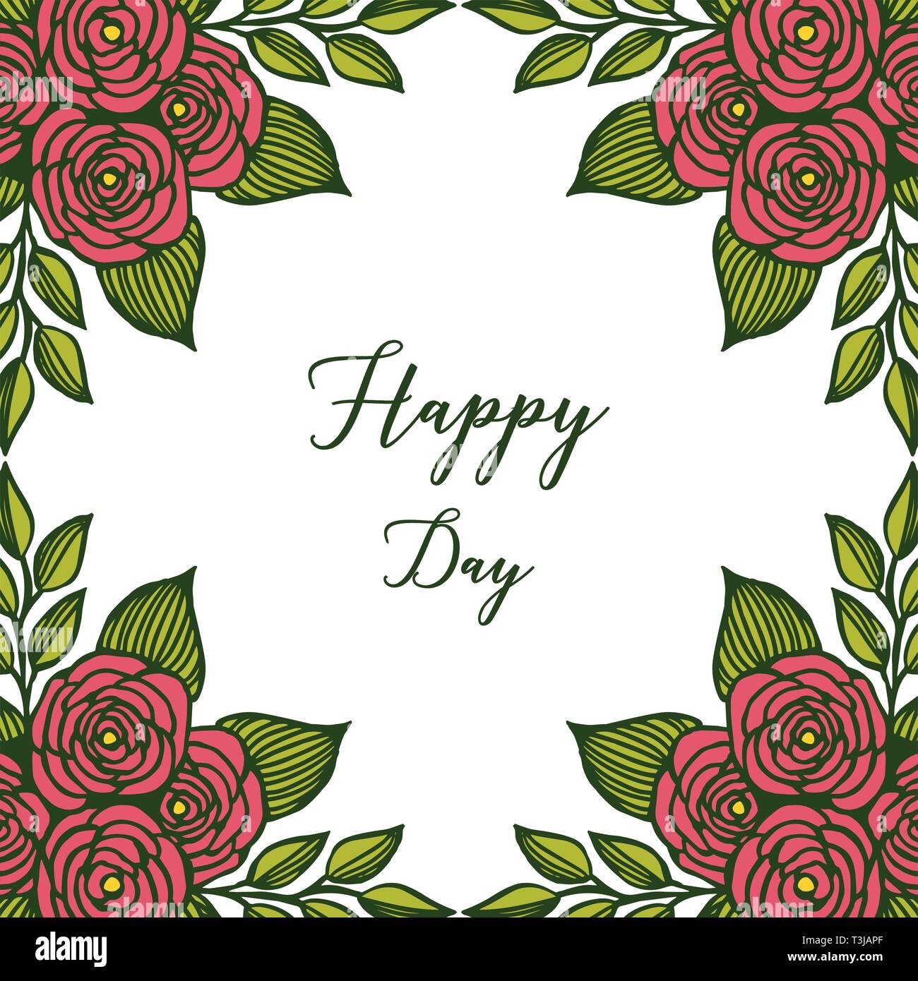 Vector illustration red flower frame with lettering happy day hand ...