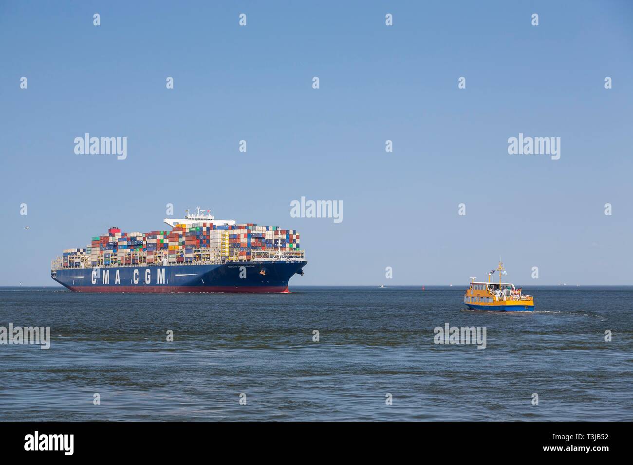 Container ship with cargo, North Sea, near Cuxhaven, Lower Saxony ...