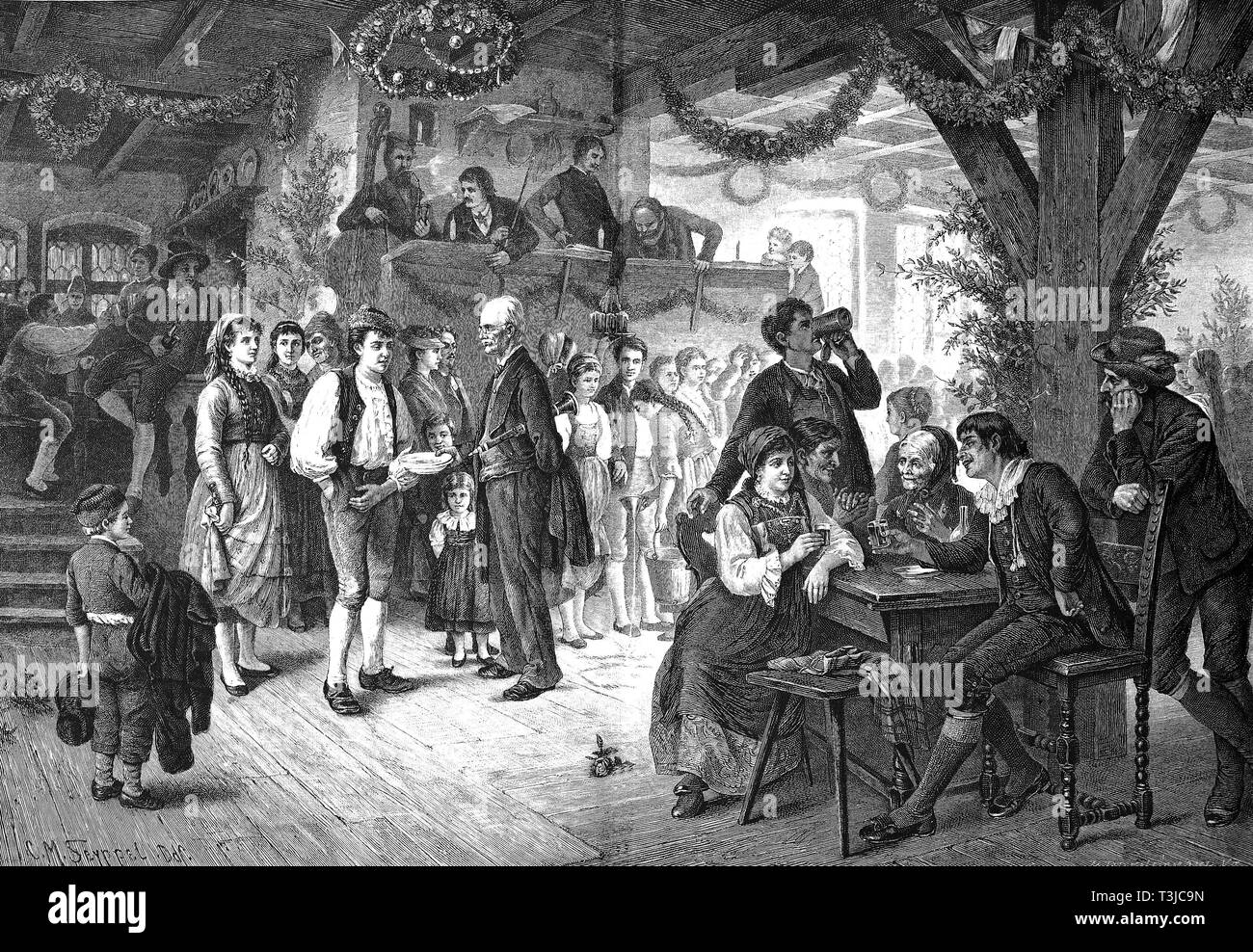 Dance break at a Kirchweih event in Bavaria, historical illustration ...