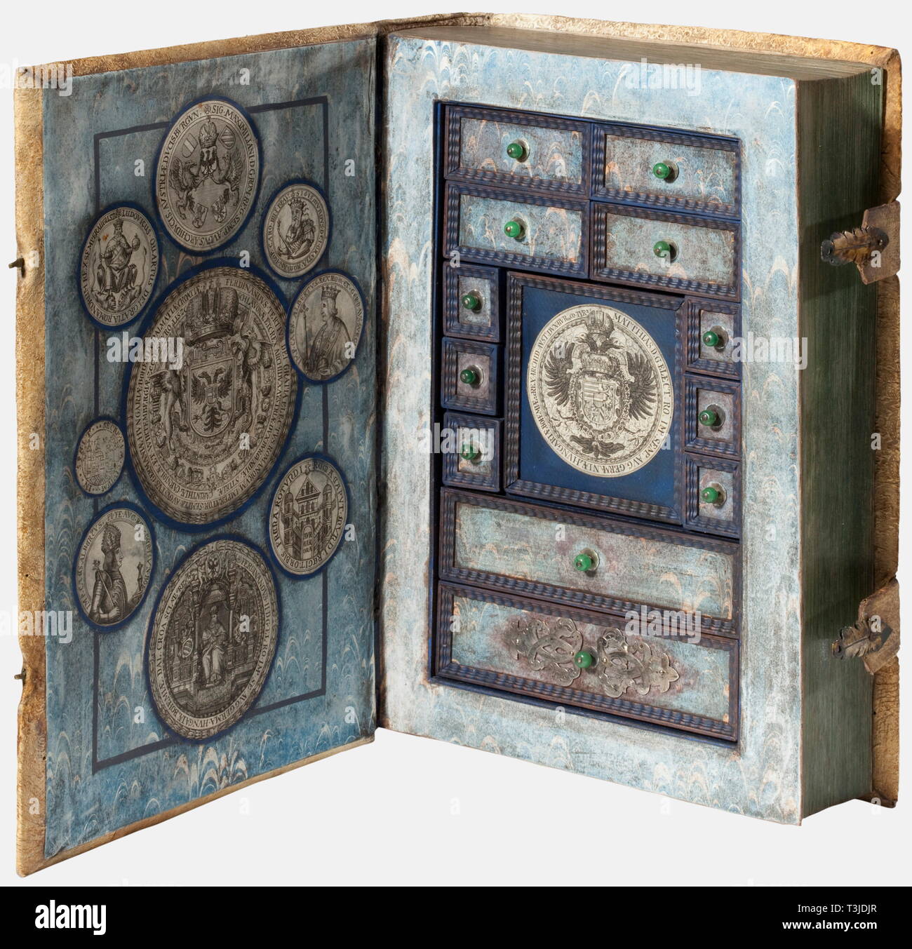 A cabinet casket in the form of a book with seals collection, Historism ...