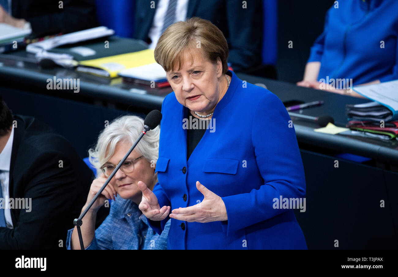 Berlin, Germany. 10th Apr, 2019. Chancellor Angela Merkel (CDU) speaks ...