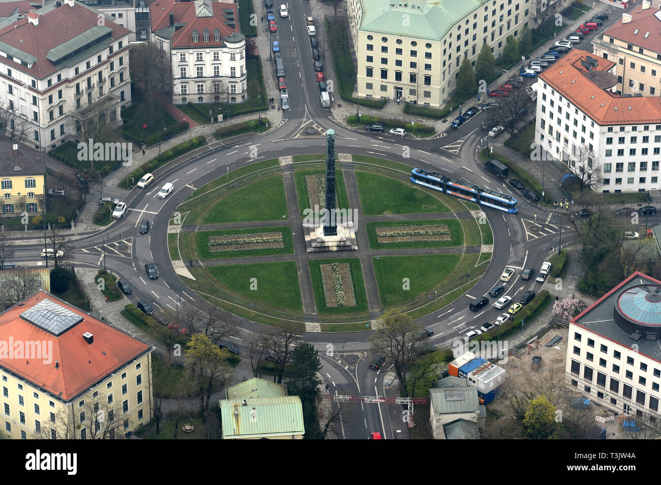 Munich, Germany. 10th Apr, 2019. The Karolinenplatz can be seen from a ...