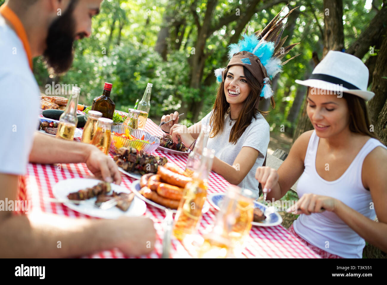 Friends having a barbecue party in nature while having fun Stock Photo ...