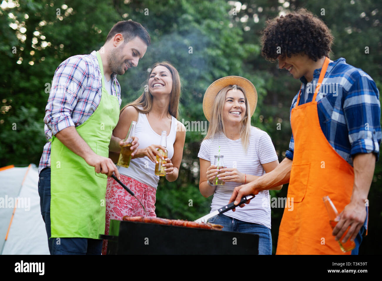 Friends having a barbecue party in nature while having fun Stock Photo ...