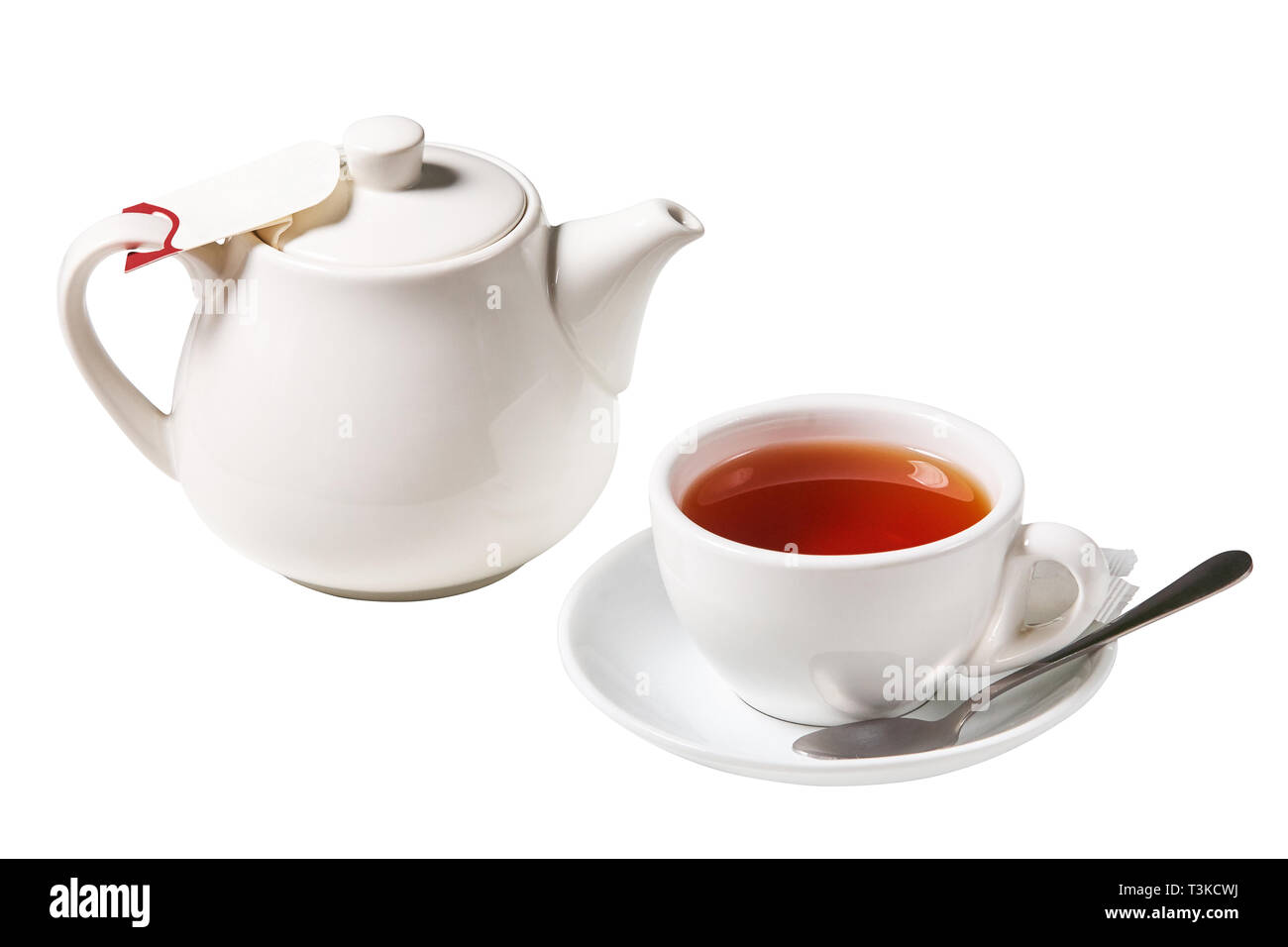 White tea cup with a spoon and a kettle (tea pot) isolated on white ...