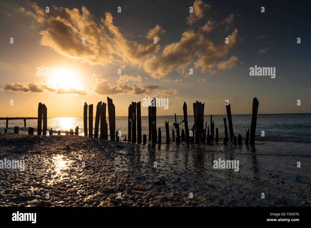 Holbox Island pier palapa sunset beach in Mexico Quintana roo, sea ...
