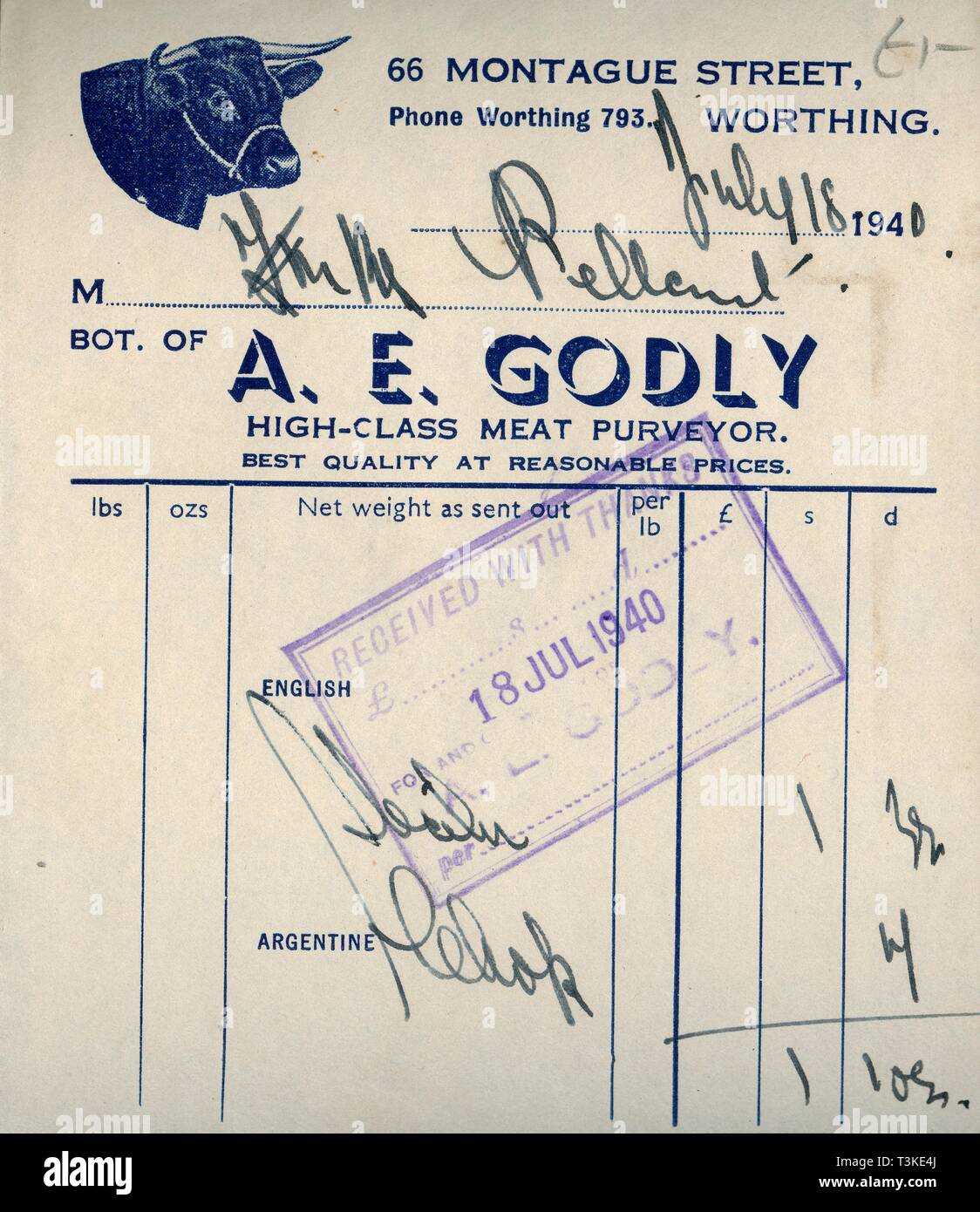 Butcher's receipt, 1940. Creator: Unknown Stock Photo - Alamy