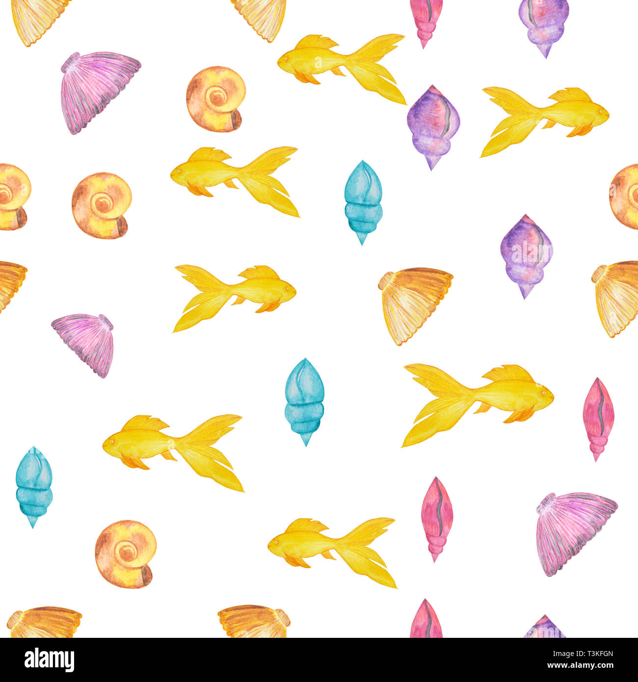 Watercolor pattern of seashells and aquarium fish on a white background ...