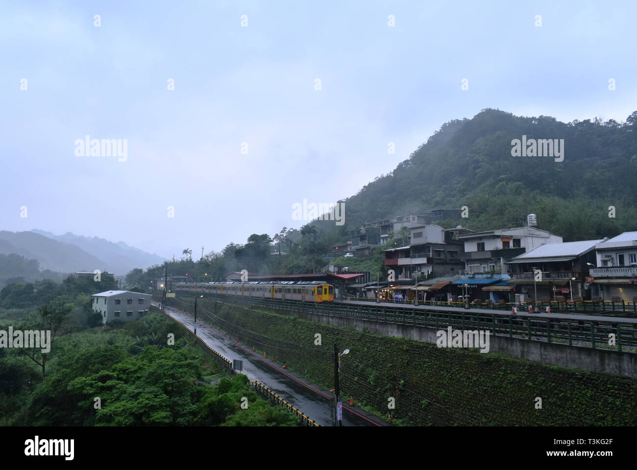 Shifen Taiwan March, 31 2019 : landscape of mountain and train parking ...
