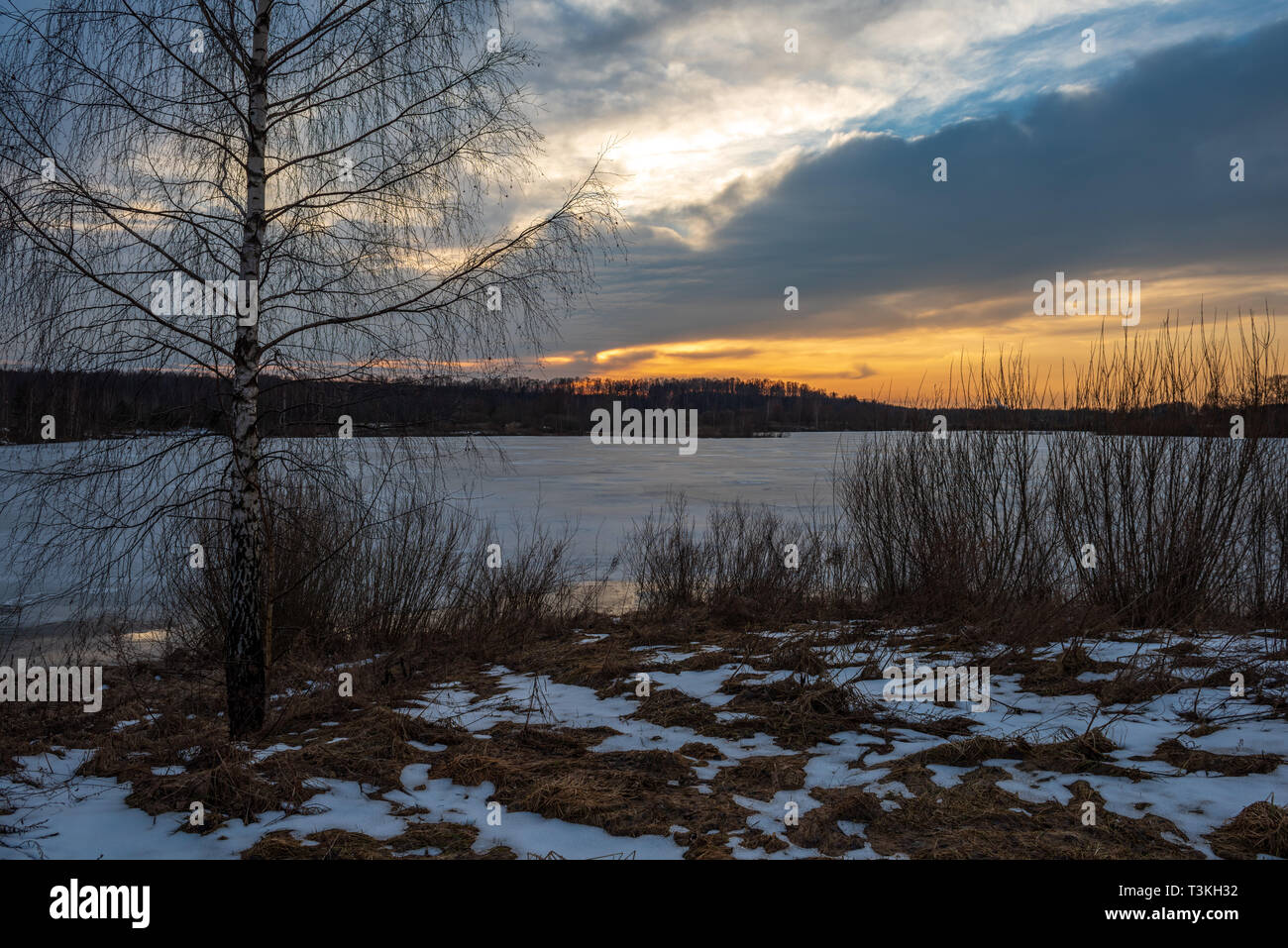 orange red sunset in winter in woods with calm water in river Stock ...