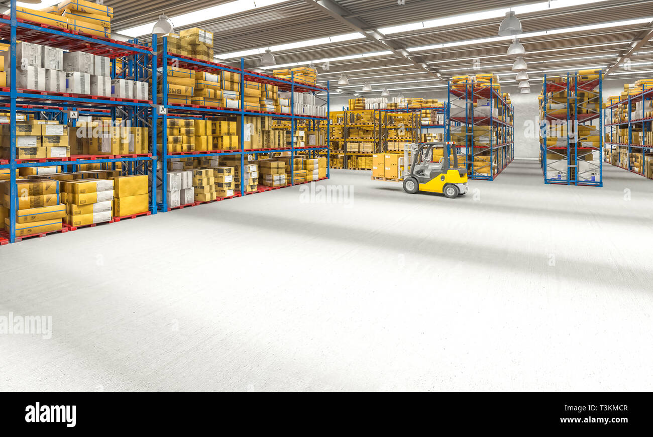 view of a warehouse full of goods and a forklift in action. 3d image ...