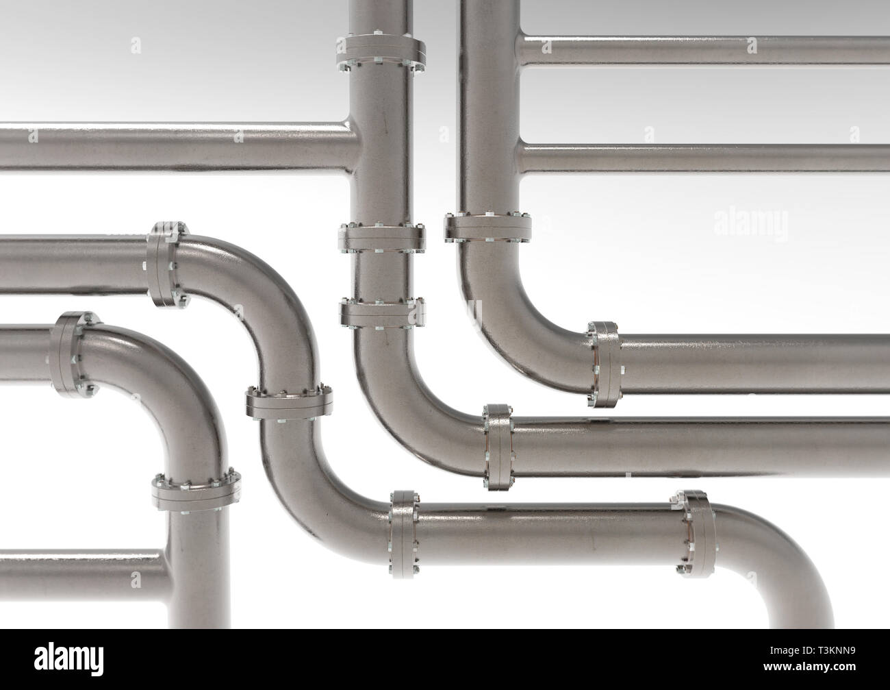 Equipment, metal piping of industrial plant, front view 3D rendering ...