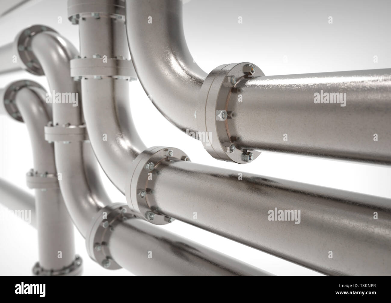 Metal piping of industrial plant, perspective view on white background ...