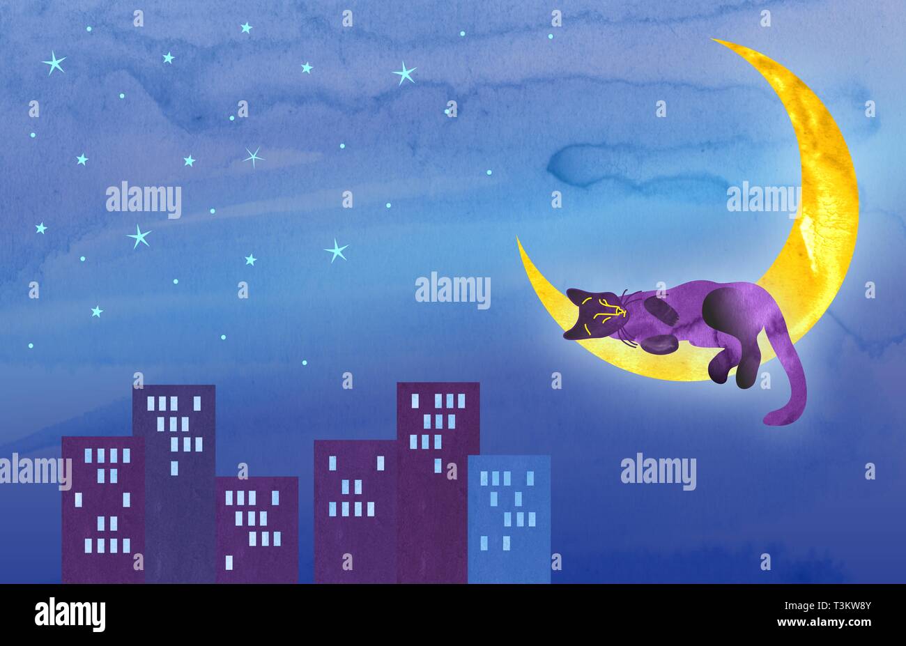Violet cat sleeps on a crescent over the night city. Set of ...