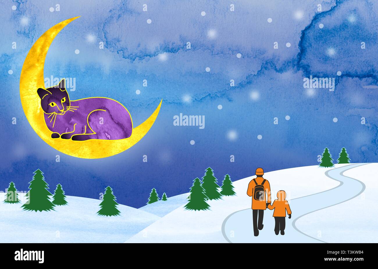 Violet cat sprawled on a crescent over the snow-covered fields and ...