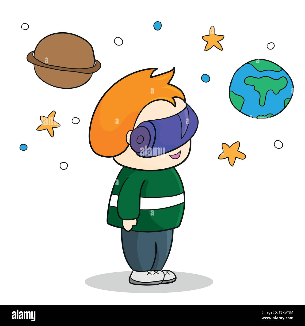 Boy with VR headset in space. Virtual reality for education and games ...