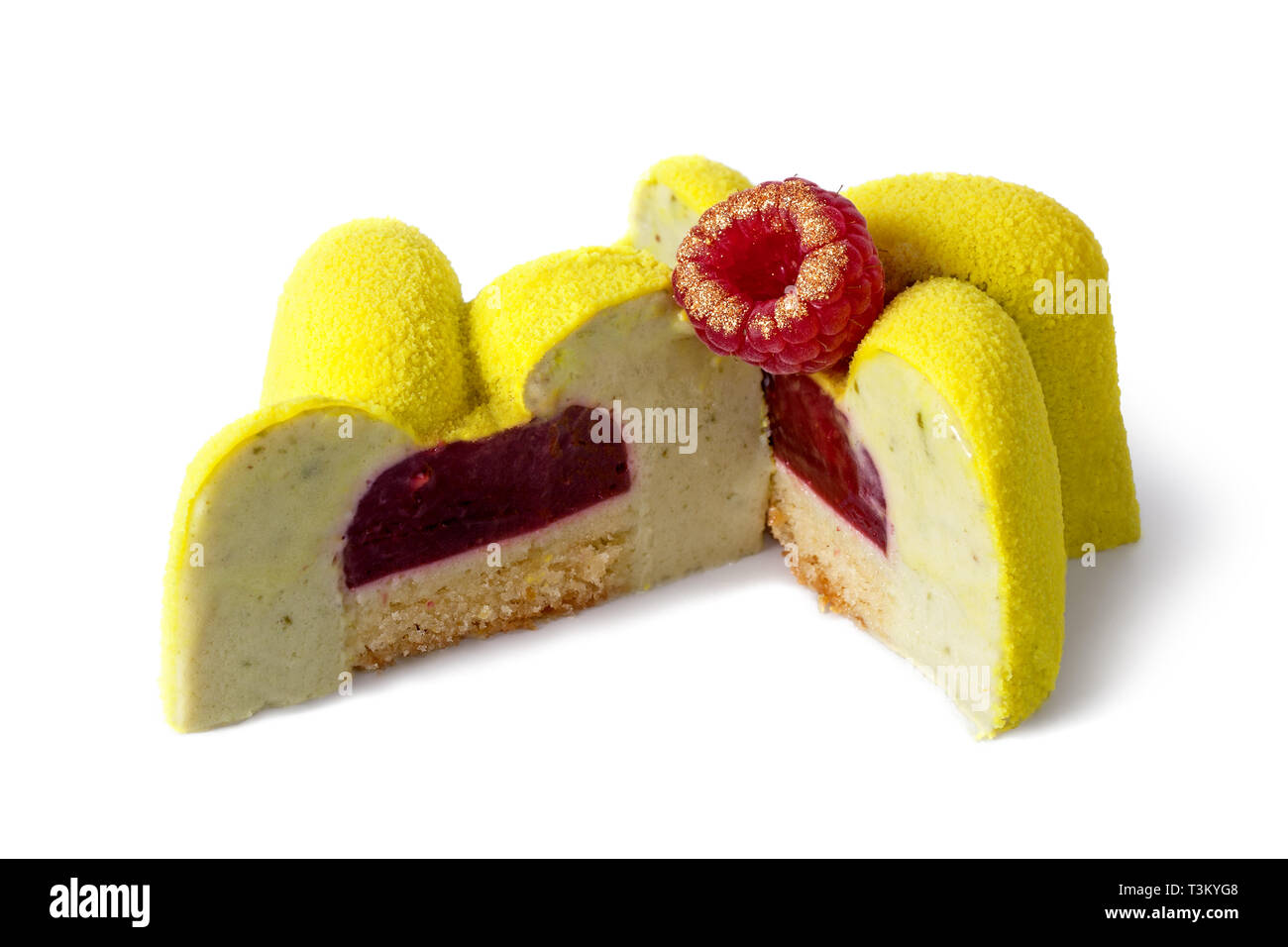 Yellow dessert with raspberry jam (cut, section Stock Photo - Alamy