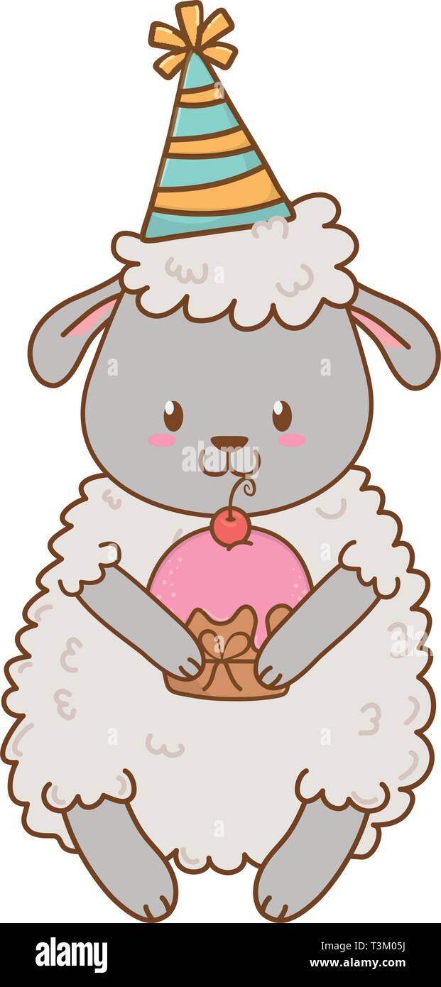 cute little animal sheep at birthday party festive scene cartoon vector ...