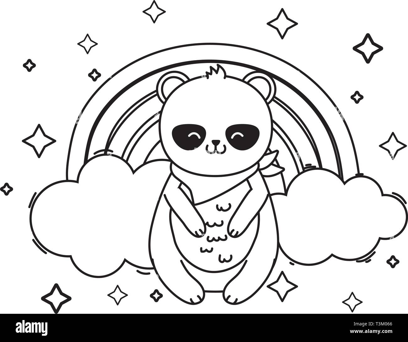 cute little animal panda bear in front rainbow cartoon vector ...