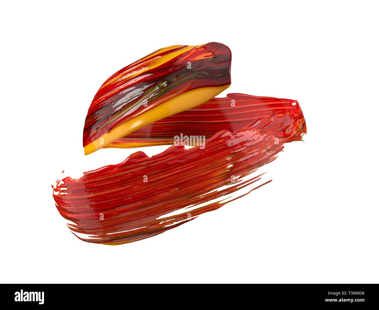 red oil paint stroke. flowing in air with rotational movements. 3d ...