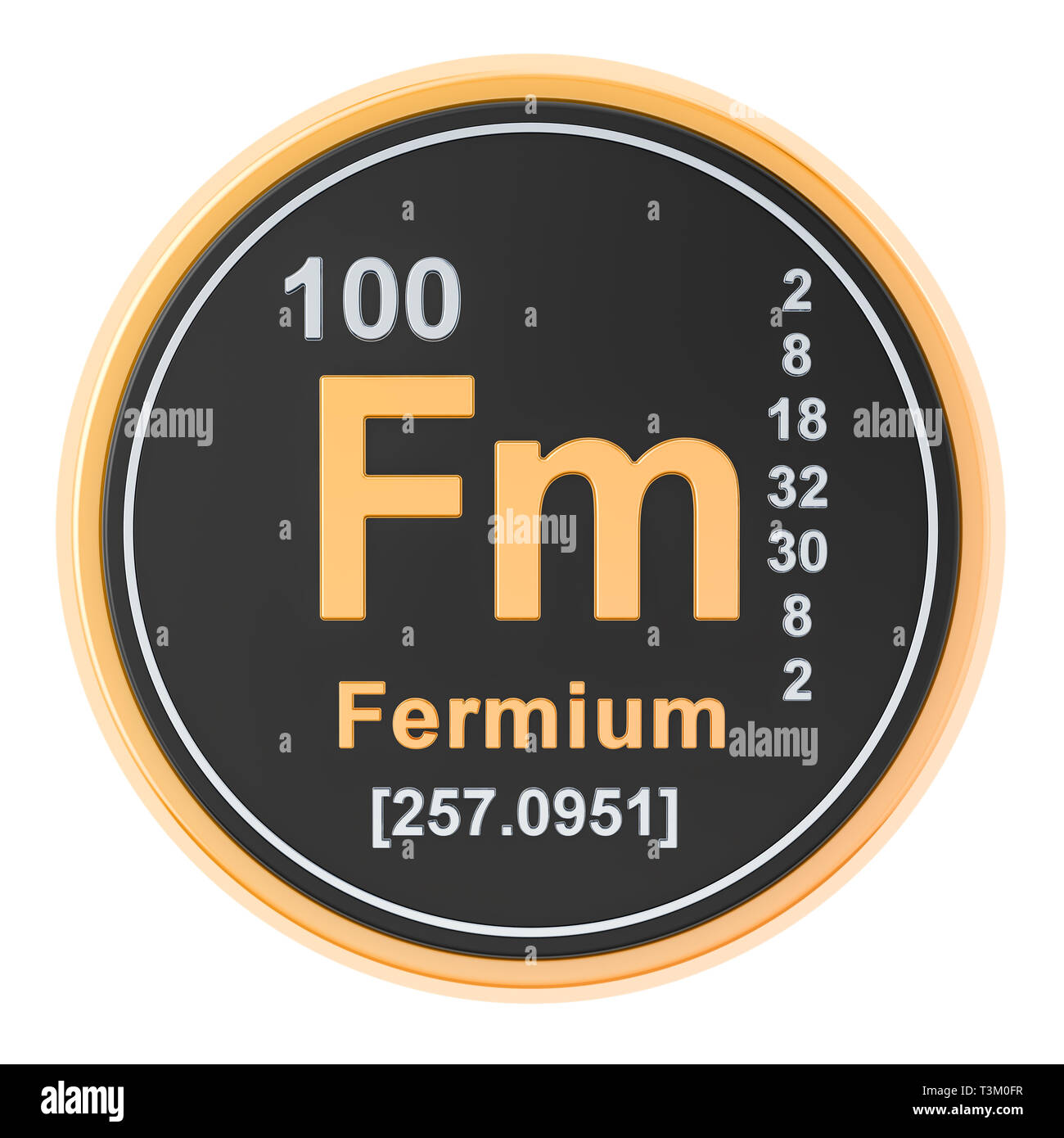 Fermium Fm chemical element. 3D rendering isolated on white background ...