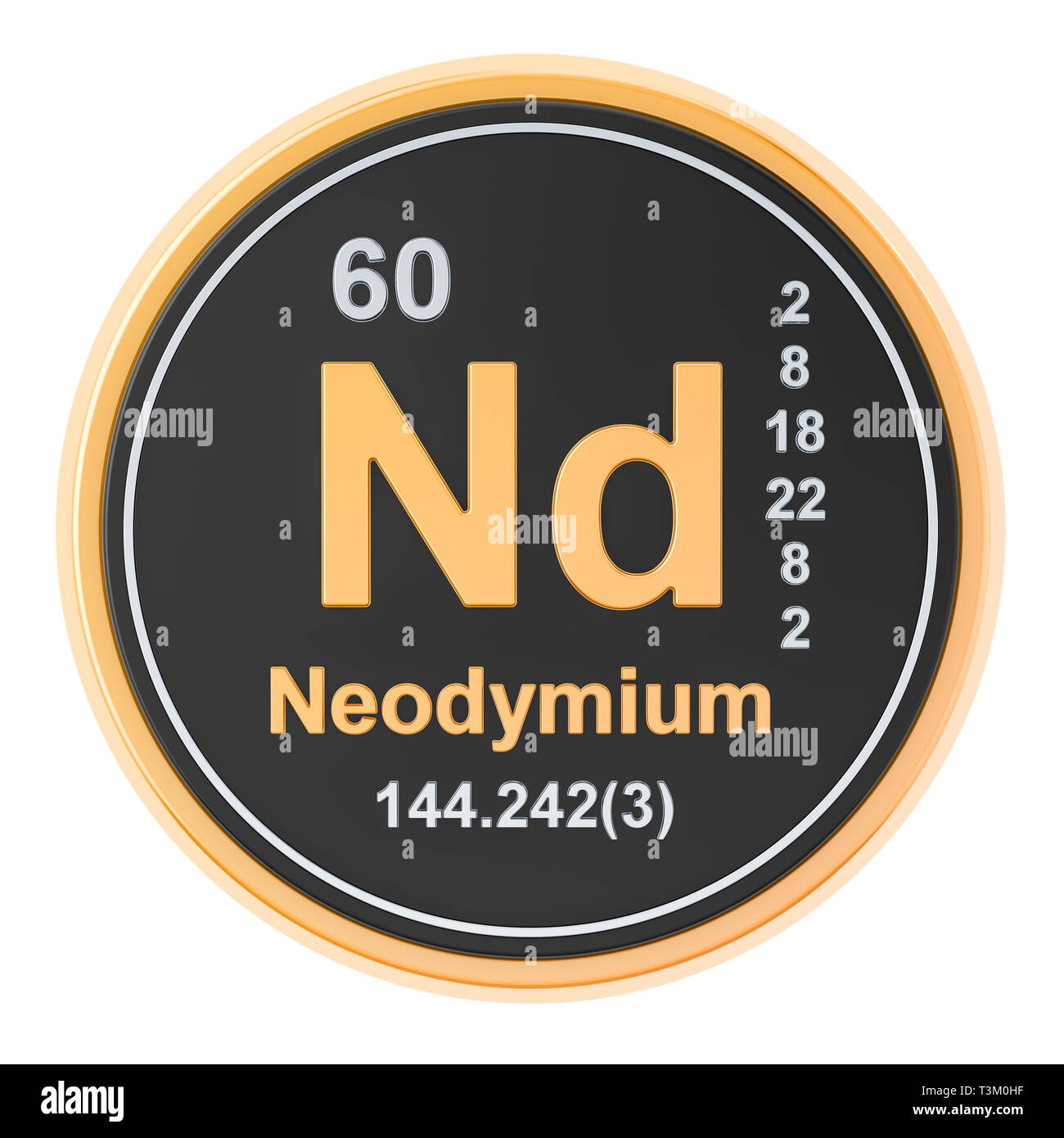 Neodymium Nd chemical element. 3D rendering isolated on white ...