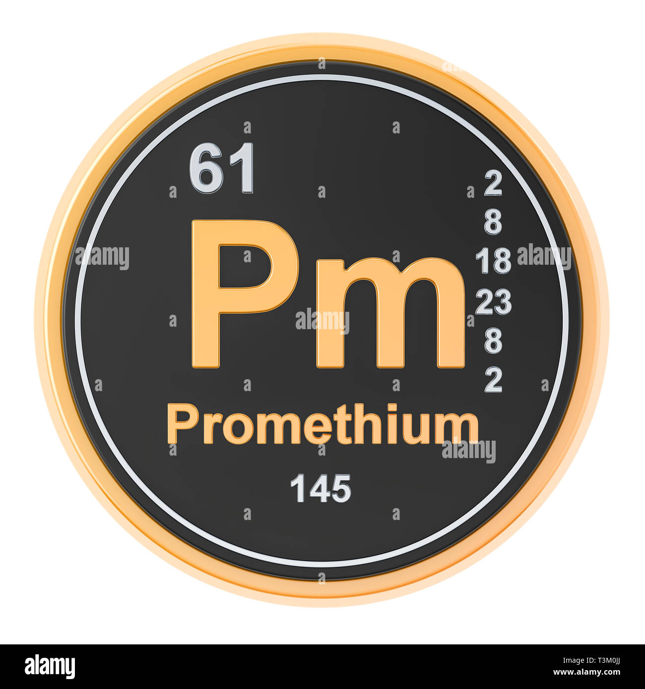 Promethium Pm chemical element. 3D rendering isolated on white ...