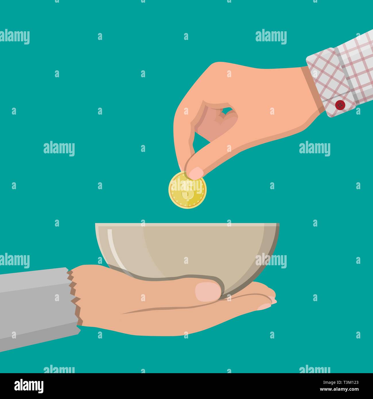 Hand giving cioin to beggar hand. Charity concept. Vector illustration ...