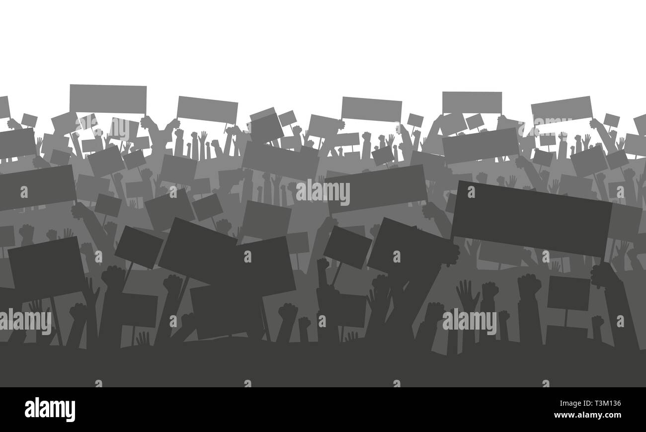 Silhouette of cheering or protesting crowd with flags and banners ...