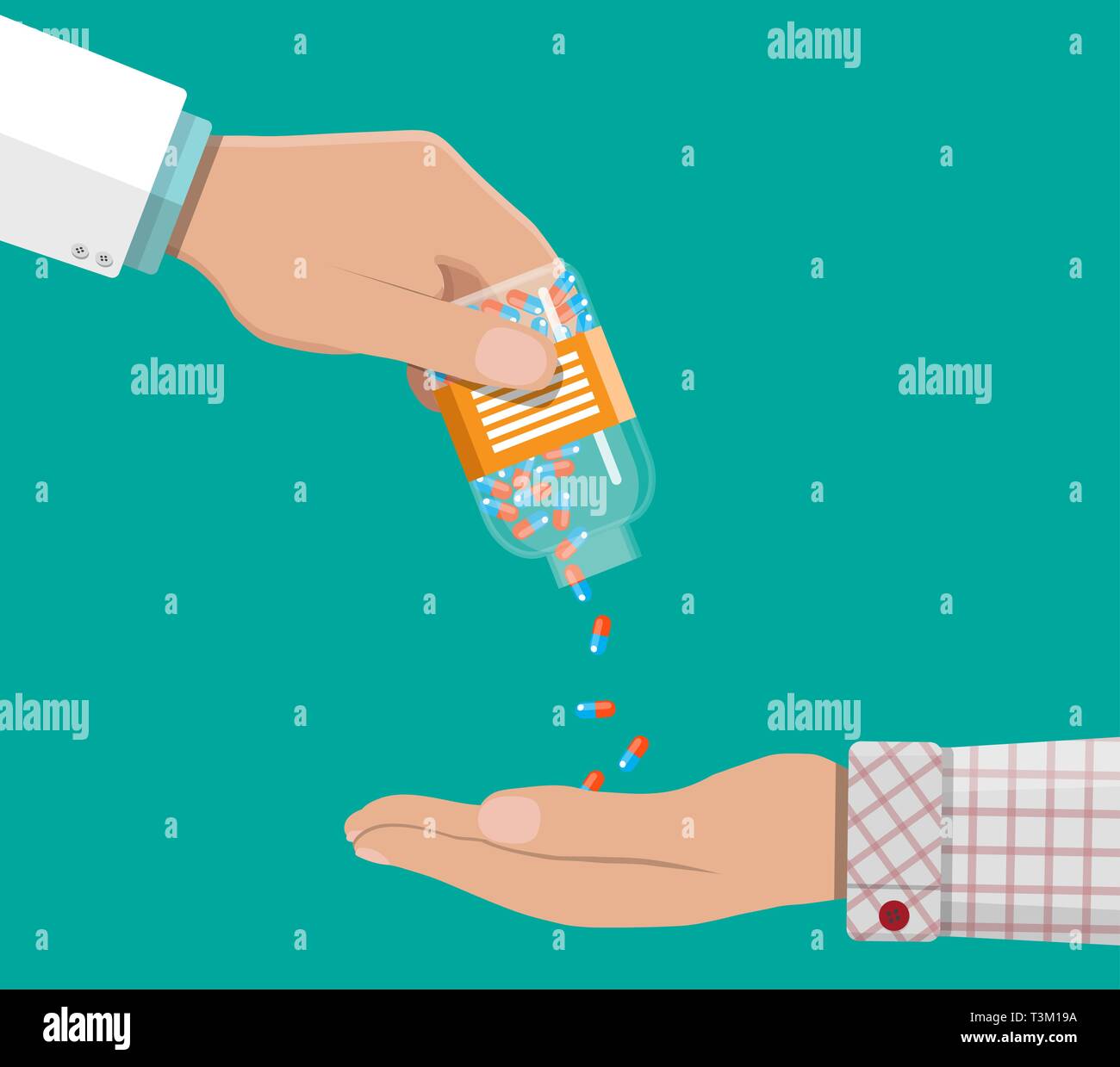 Hand of the pharmacist with pills and drugs. Pharmacy shop. Rx. Vector ...