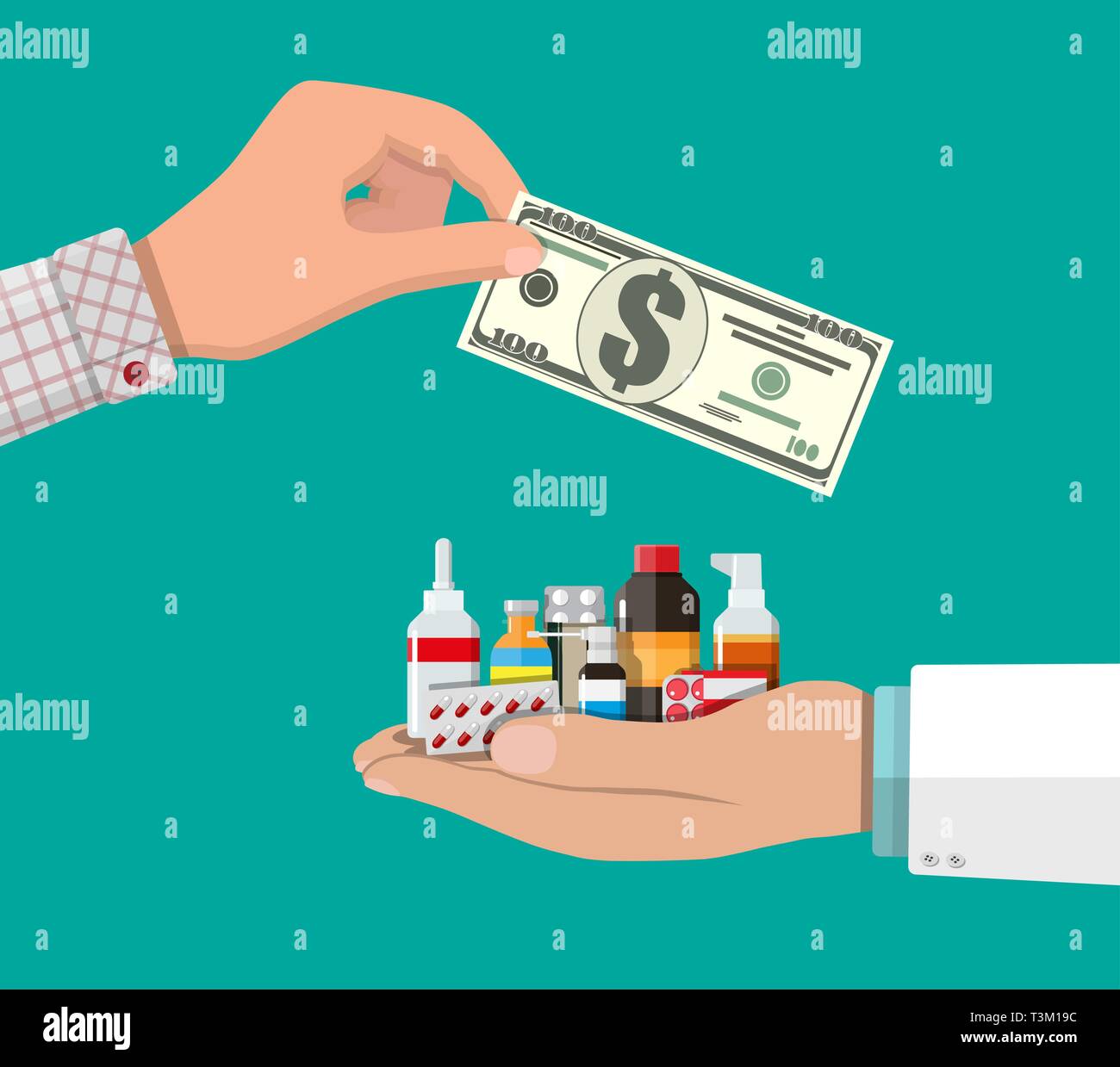 Hand of the pharmacist with pills and hand of client with money. Buying ...