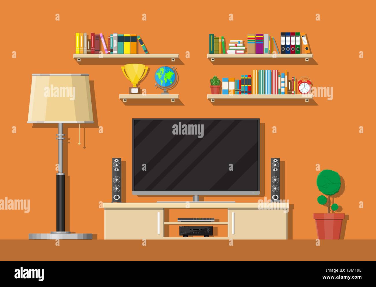 Modern living room interior. Tv on stand. Library wooden book shelf ...