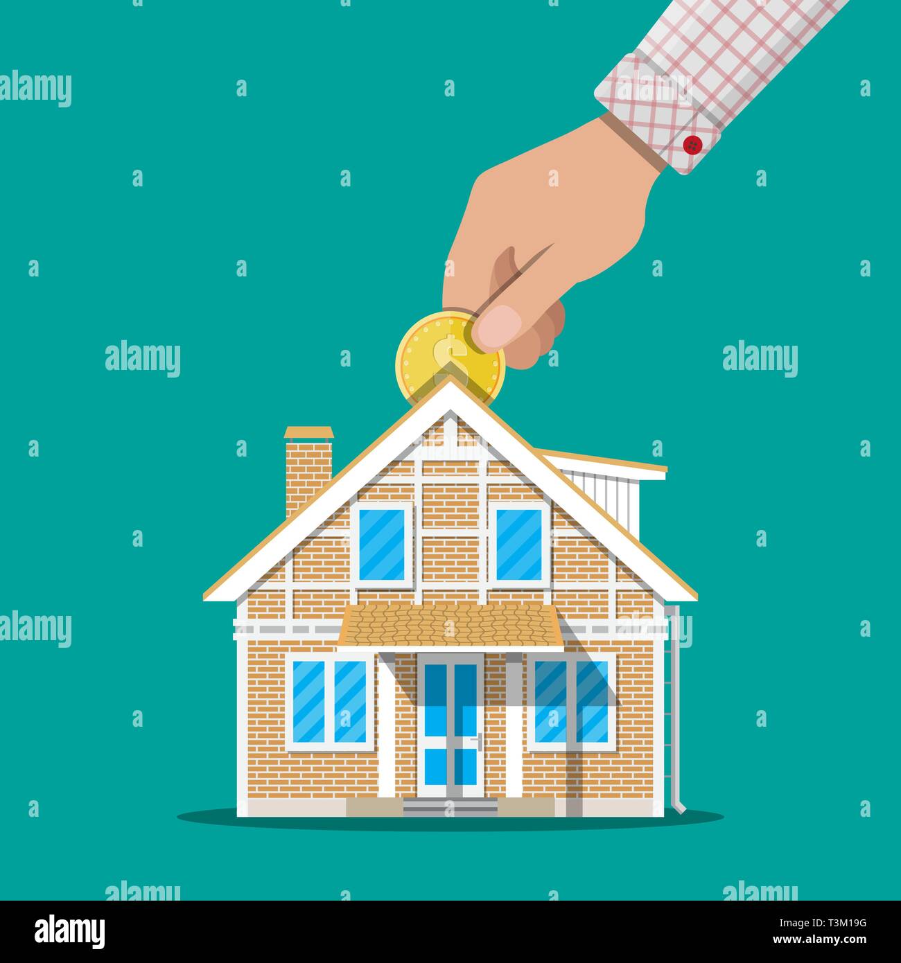 Hand put coin in piggy bank house. Vector illustration in flat style ...