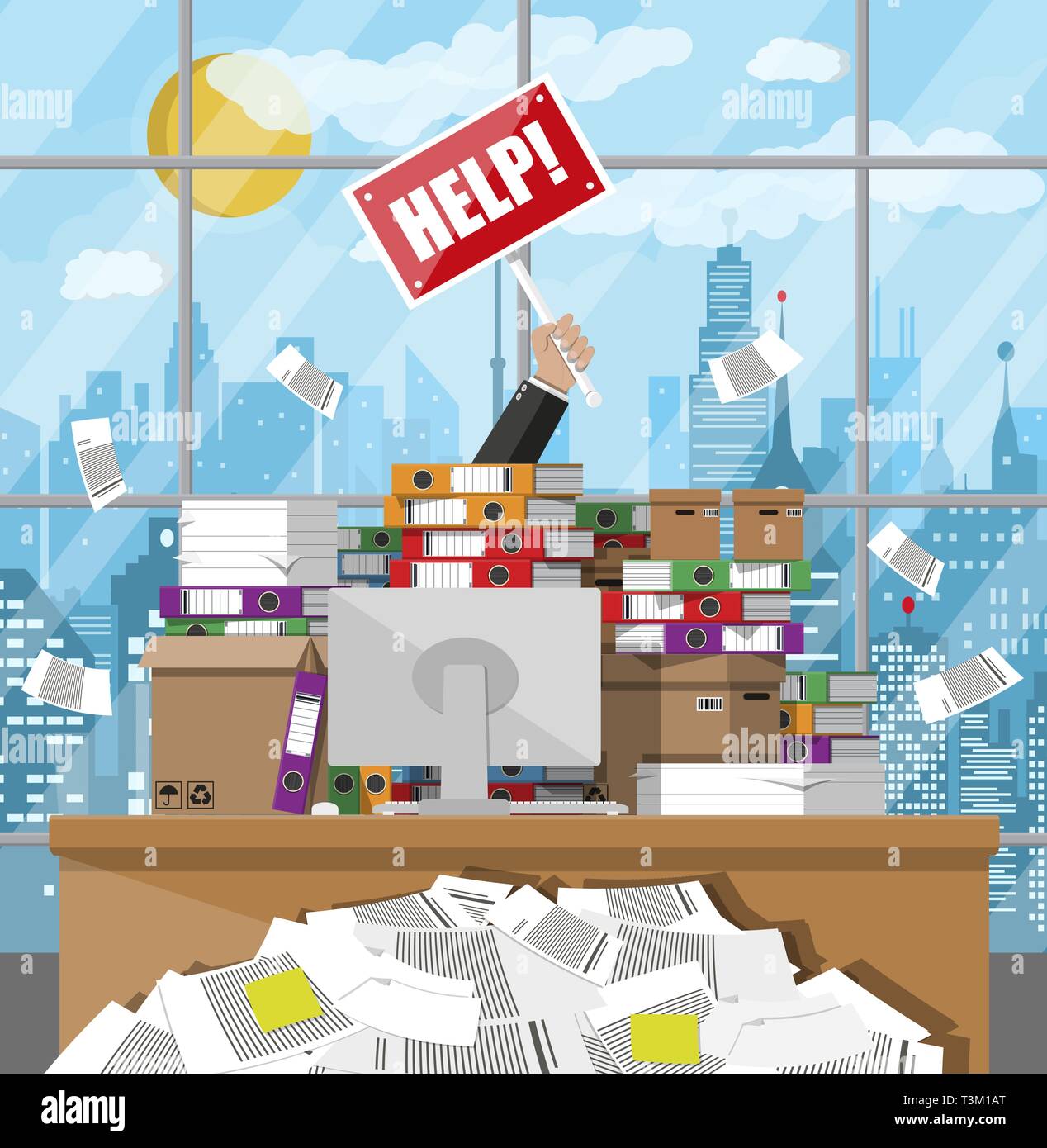 Stressed businessman in pile of office papers and documents with help ...