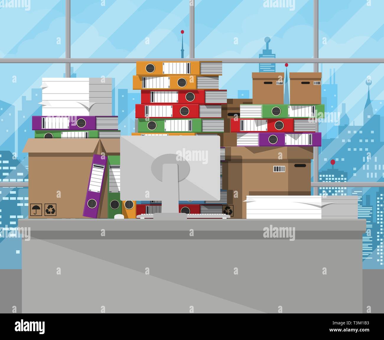 Pile of paper documents and file folders on office table. Carton boxes ...