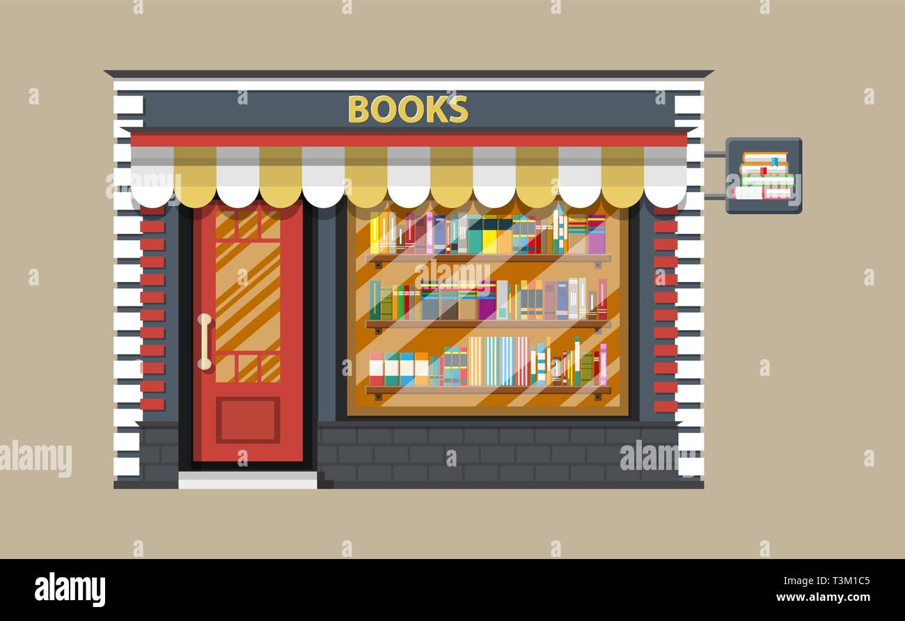 Book shop or store building. Library book shelf. Bookcase with ...