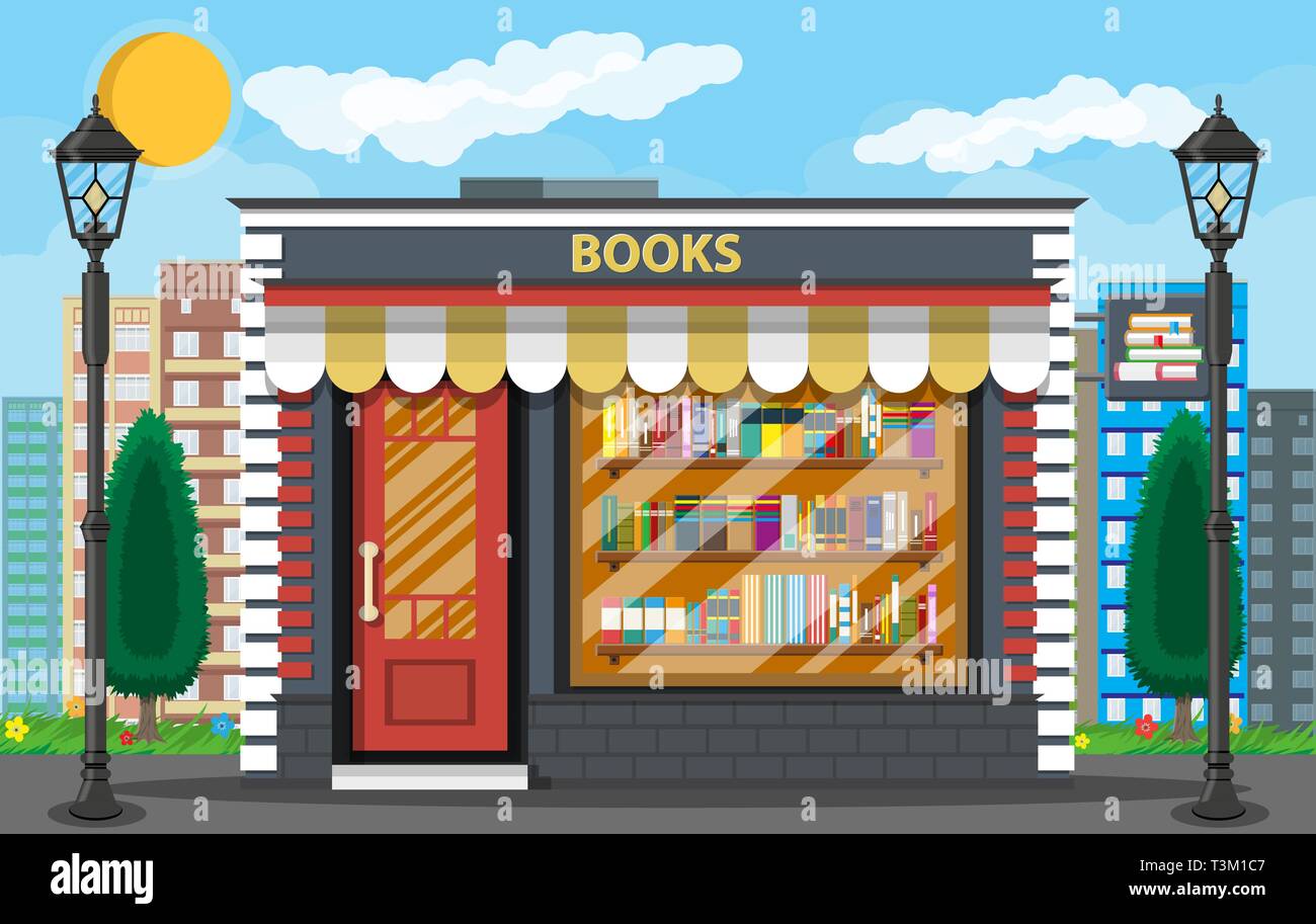 Book shop or store building exterior. Library book shelf. Bookcase with ...