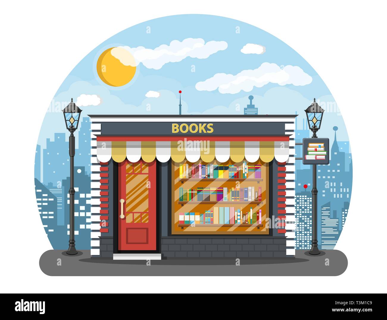 Book shop or store building exterior. Library book shelf. Bookcase with ...